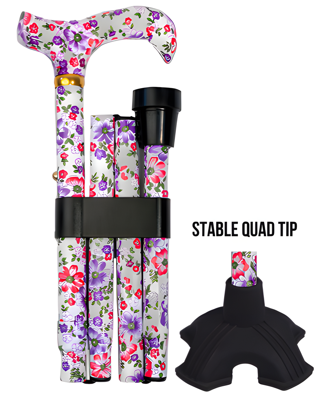 Watercolor Flowers Folding Cane w/Quad Tip - WalkingCanes.com